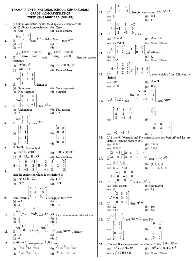 XII_CH-3_MATRICES_MCQS | PDF | Mathematical Objects | Mathematics