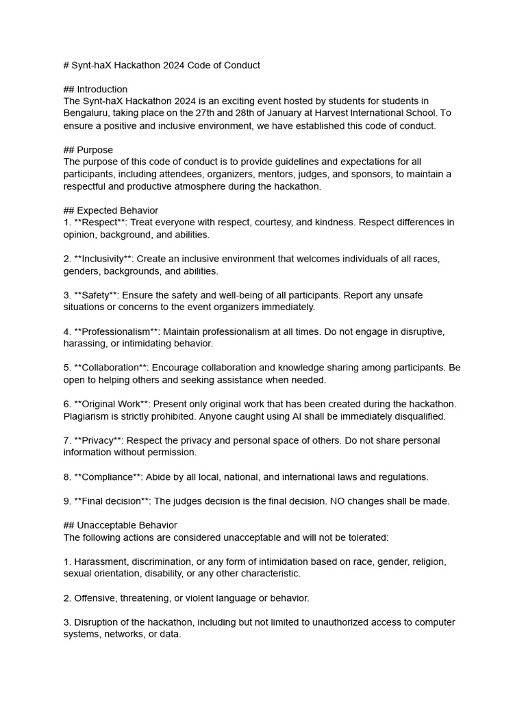Synt-haX 2024 Hackathon Conduct Guide | PDF | Privacy | Intimidation