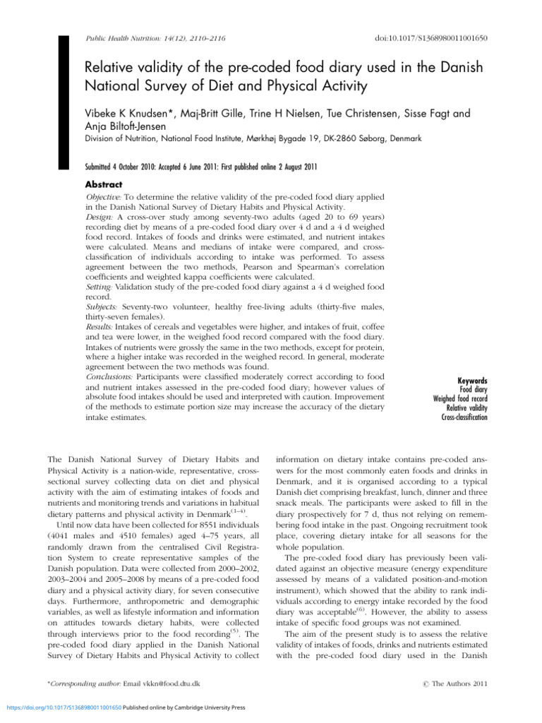Relative Validity of The Pre Coded Food Diary Used in The Danish ...