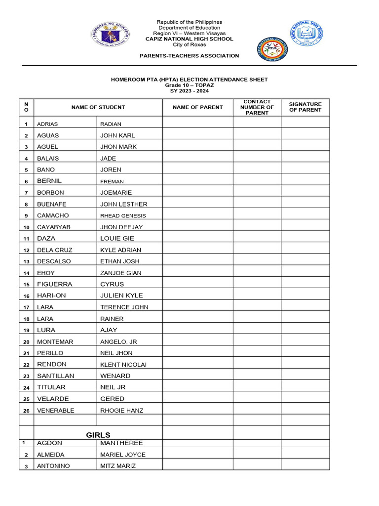 Hpta Attendance Sheet 1 | PDF