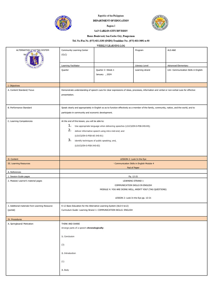 WLL LS1EnglishAE Q3W1M4L2 LookInTheEye | Download Free PDF | Learning | Communication