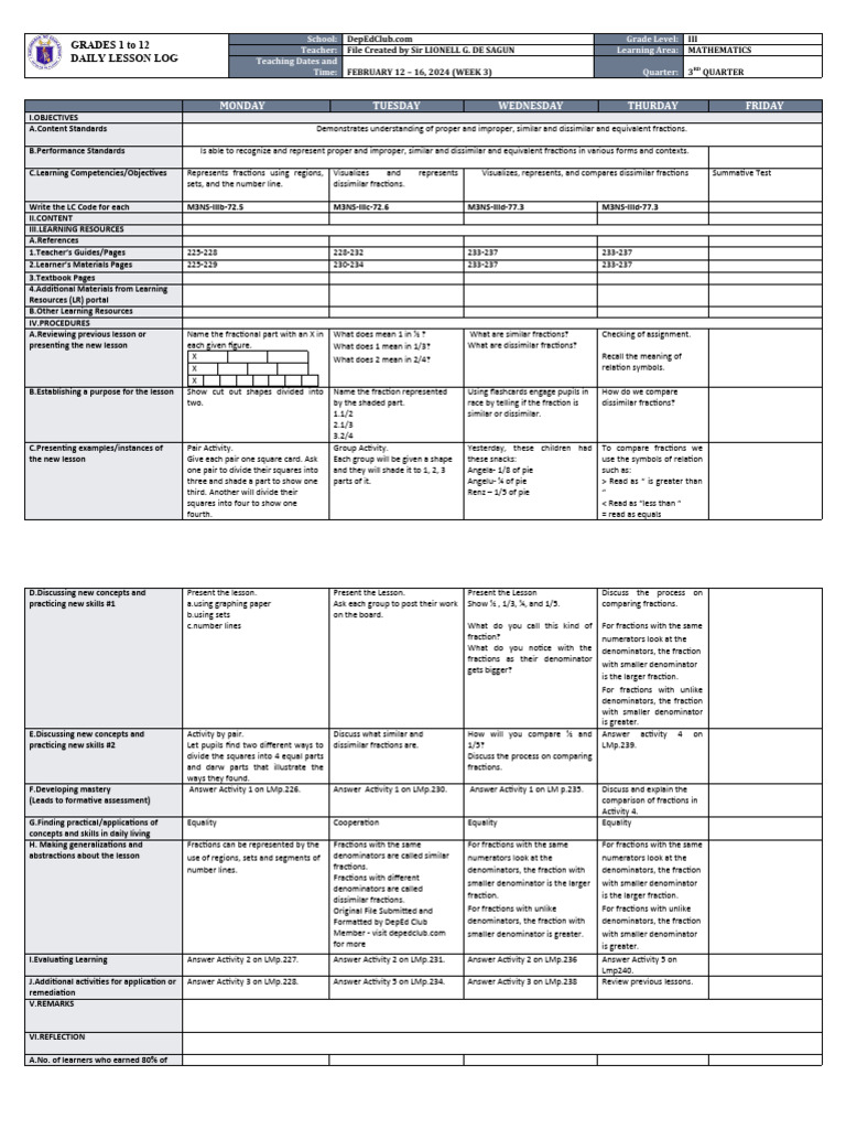 Daily Lesson Log - MATHEMATICS 3 - Q3 - W3 | PDF | Learning | Education ...