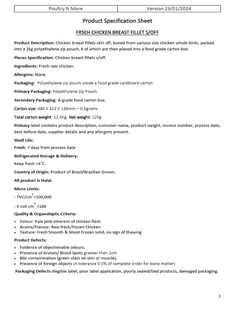 Chicken Breast Specification Sheet | PDF | Packaging And Labeling ...