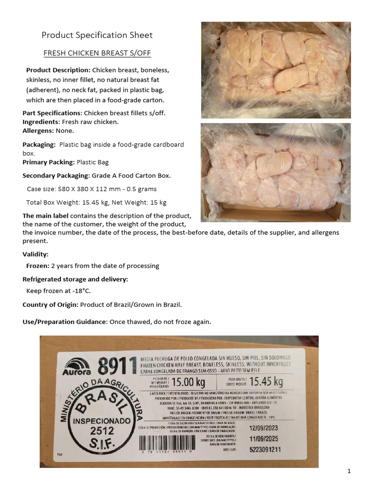 Technical Sheet Chicken Breats | PDF | Packaging And Labeling | Food ...