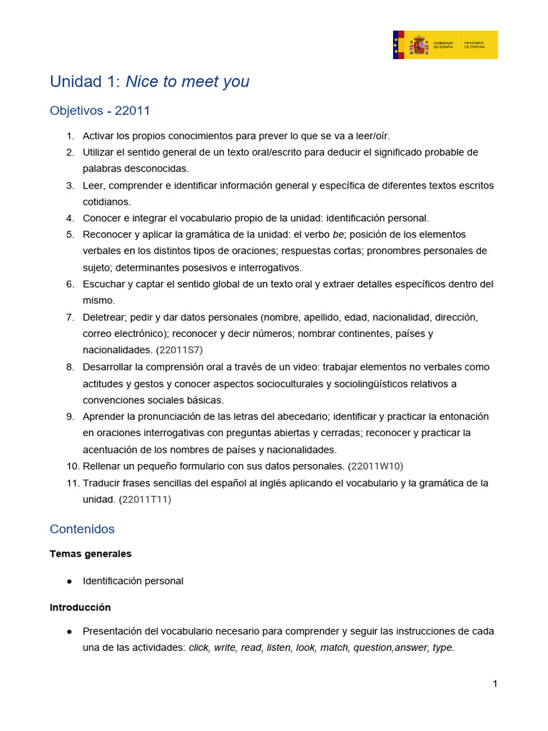 A1 - Unidad 1 Nice to meet you | PDF | Oración (Lingüística) | Mecánica ...