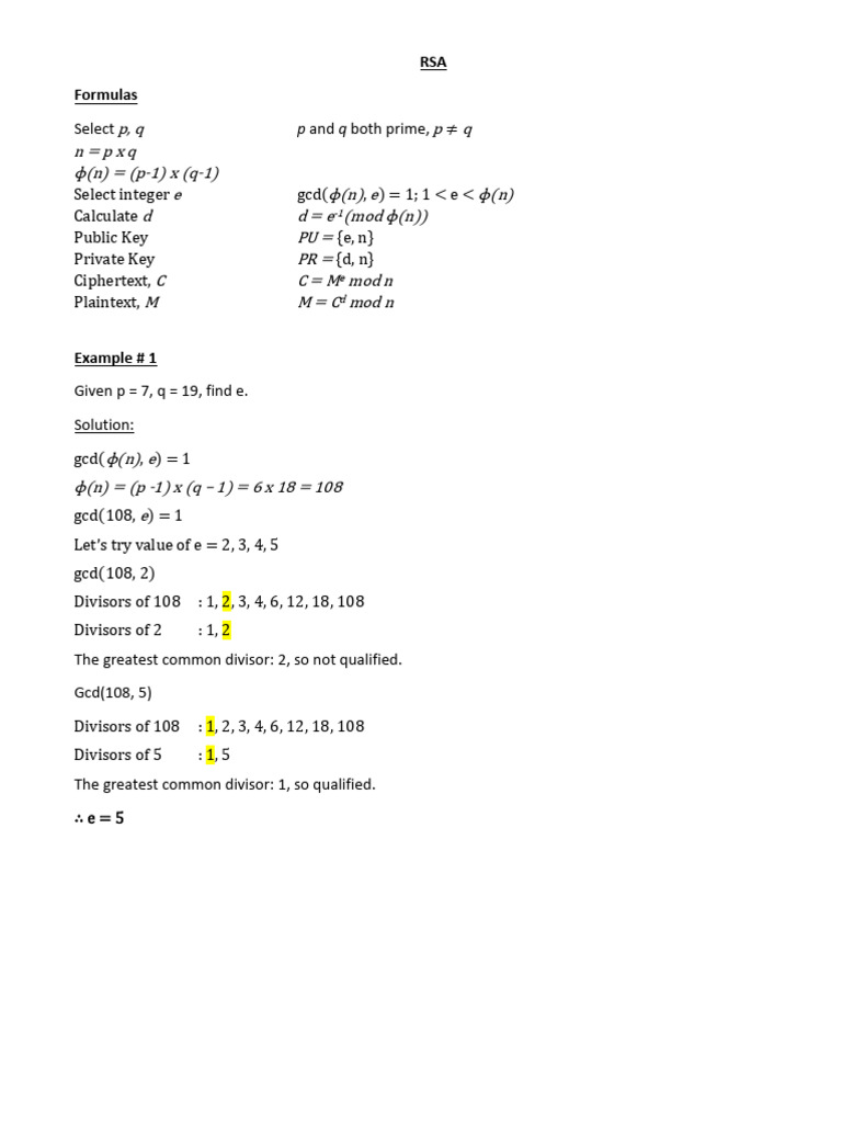 RSA Formulas: P and Q Both Prime, P Q | PDF