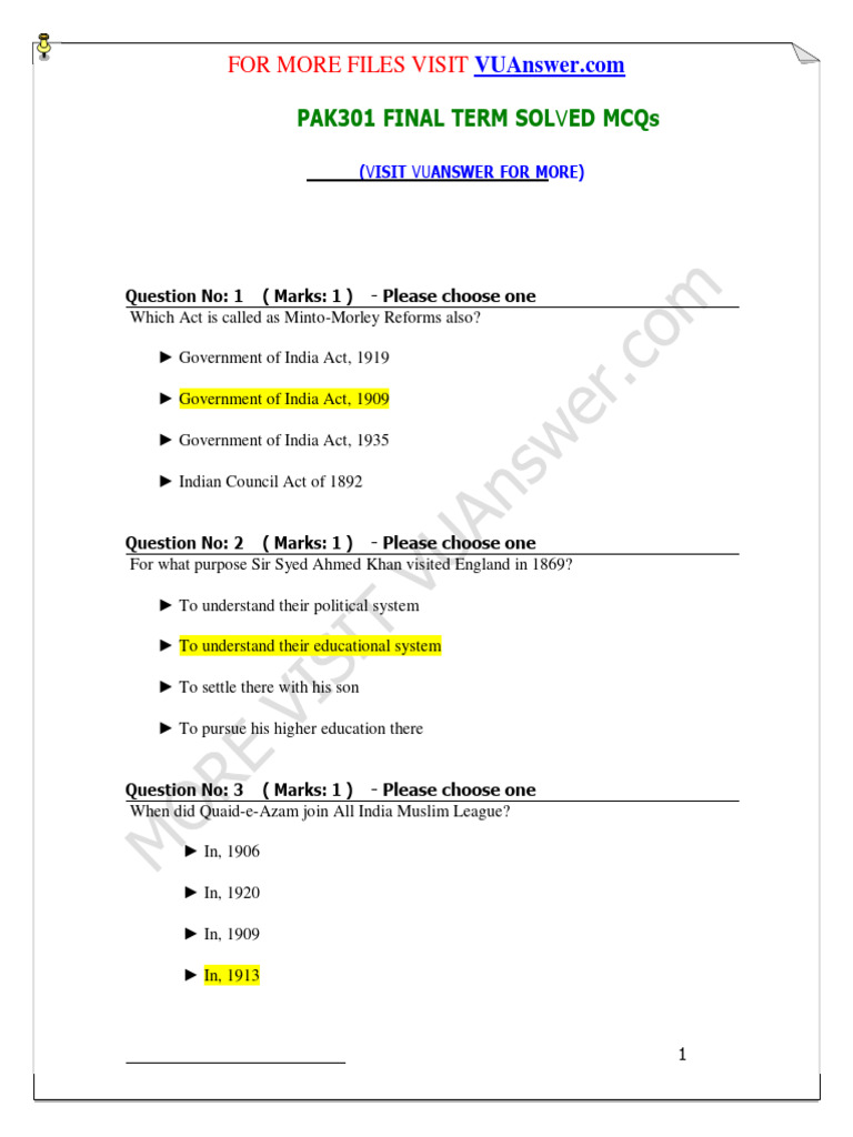 Pak301 Final Term Solved Mcqs File | PDF | Pakistan | South Asia