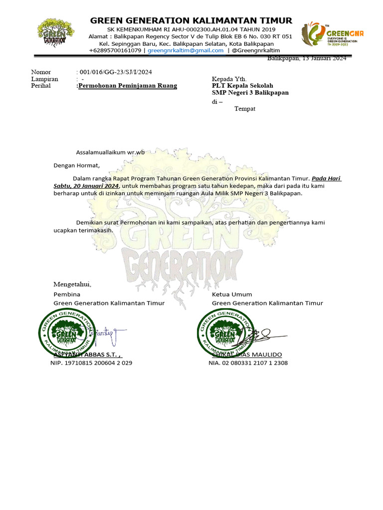001-016-2024 Surat Peminjaman Ruang Aula | PDF
