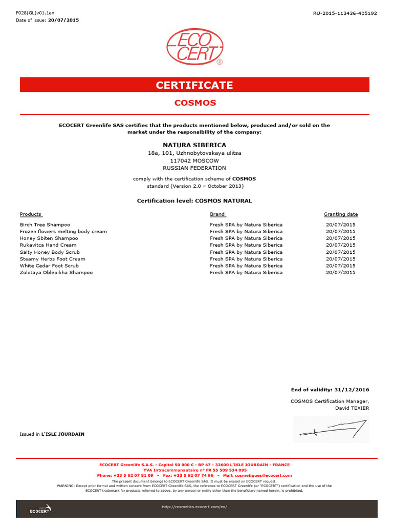 Natura Siberica COSMOS Certificate 8pdts 311216 | PDF