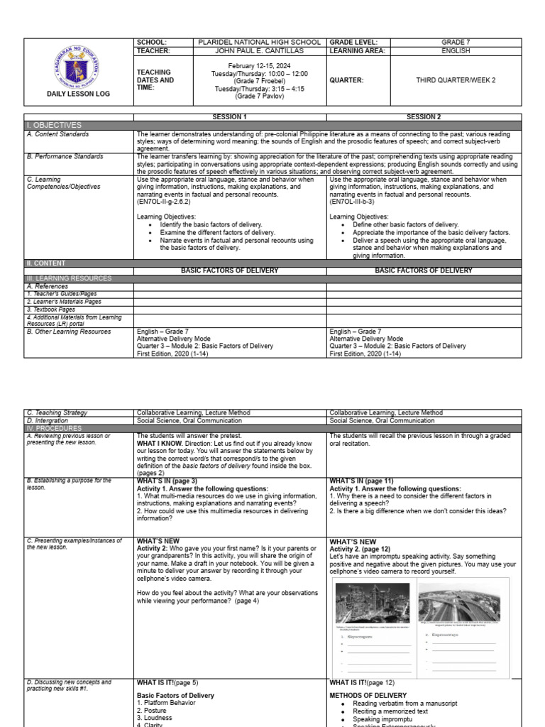 English 7 q3 Week2 Daily Lesson Log | PDF | Learning | Lecture
