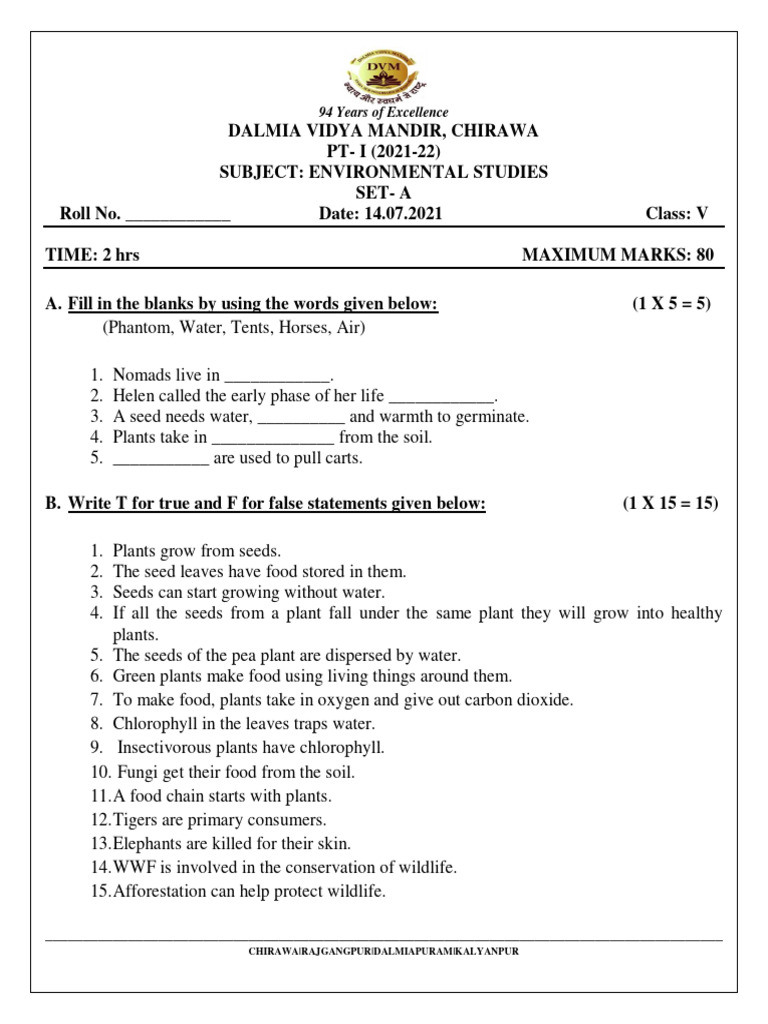 Class V Evs Pt 1 Exam Subjective Test Qp Set A Pdf Plants Seed 4577