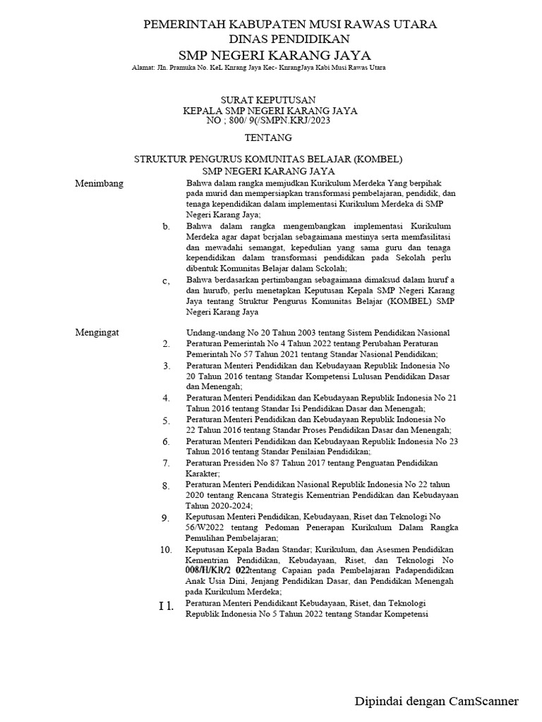 Struktur Kombel SMP Karang Jaya 2023 | PDF
