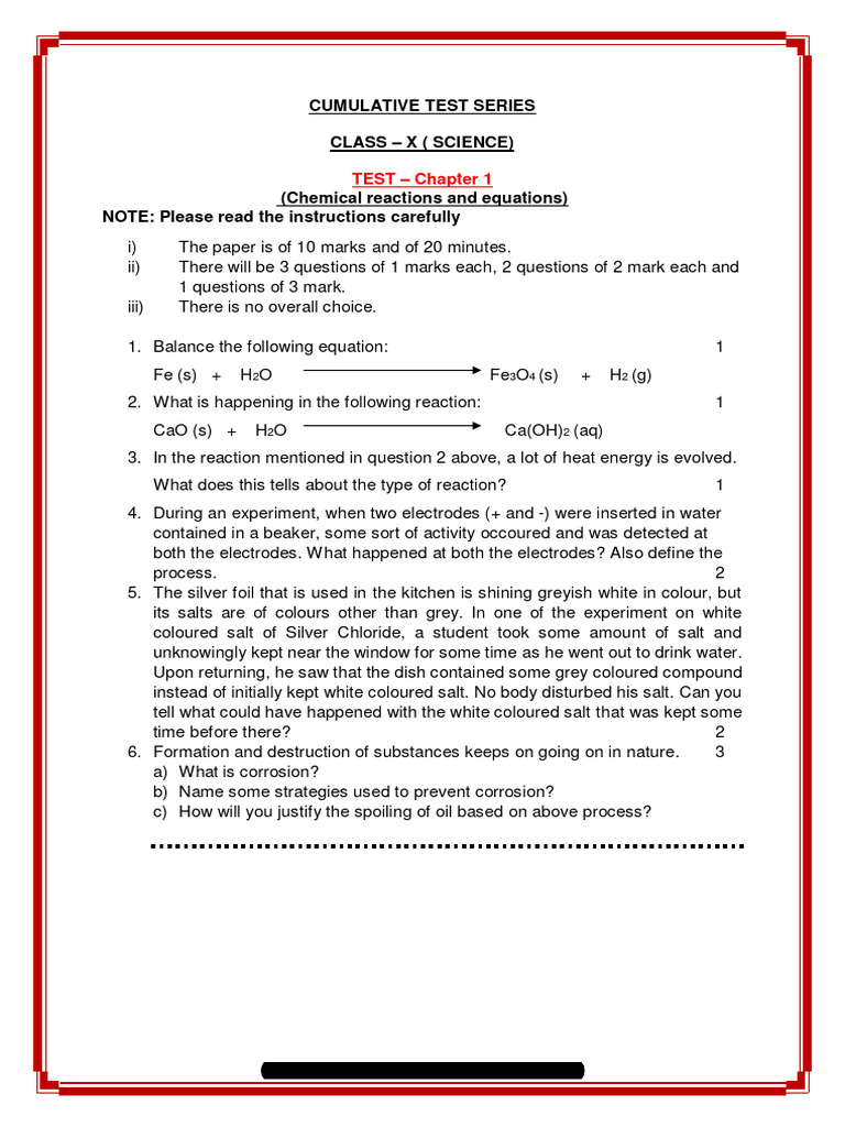 Cumulative Test Series Class - X (Science) | Download Free PDF | Nitric ...