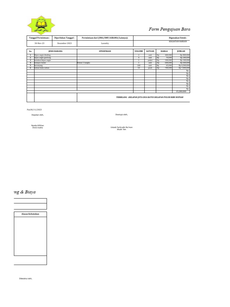 Form Pengajuan Barang DAN Biaya 2024 | PDF
