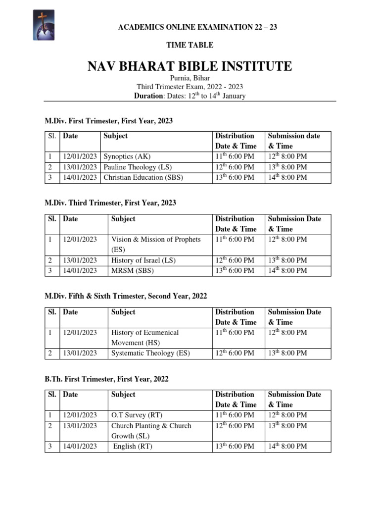NBBI Online Exam Timetable 2023 | PDF | Theology | Abrahamic Religions