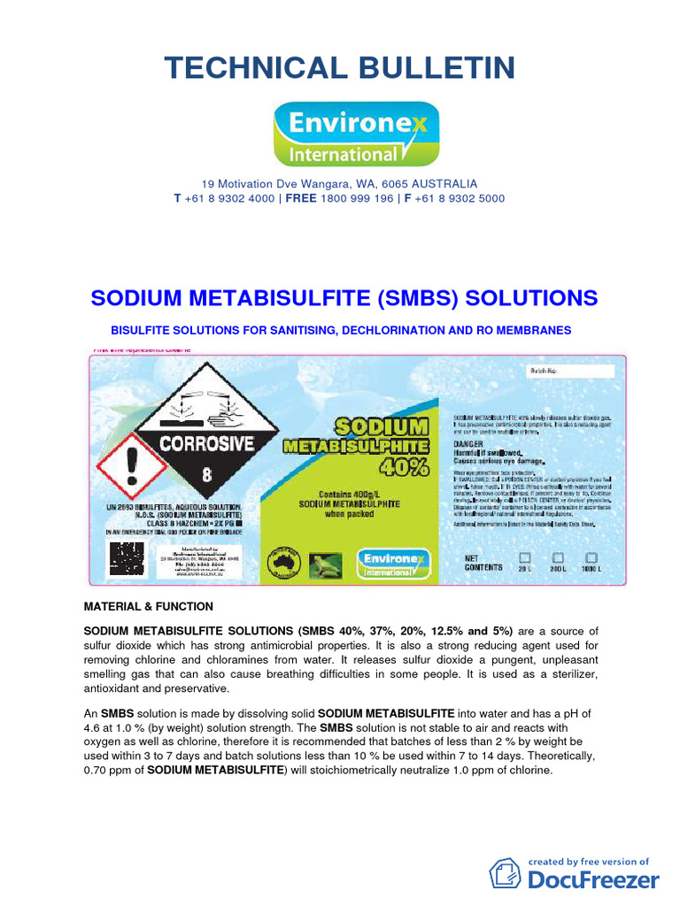 Sodium Metabisulfite Uses & Safety | PDF | Chlorine | Sulfur Dioxide