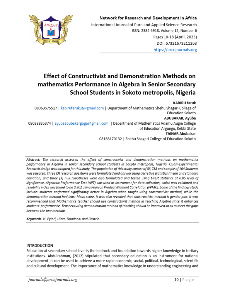 Algebra Teaching Methods In Sokoto Pdf Constructivism Philosophy