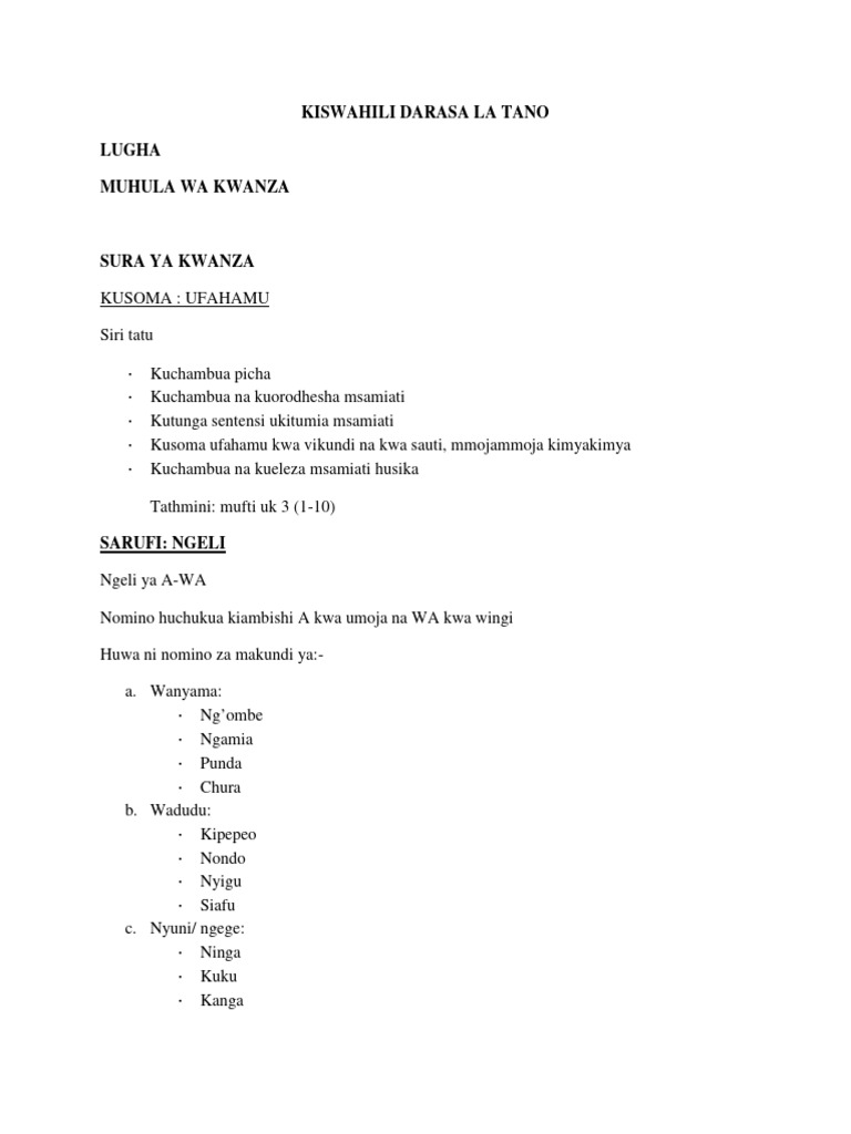 Kiswahili Std 5 Notes Teacher.co .Ke | PDF