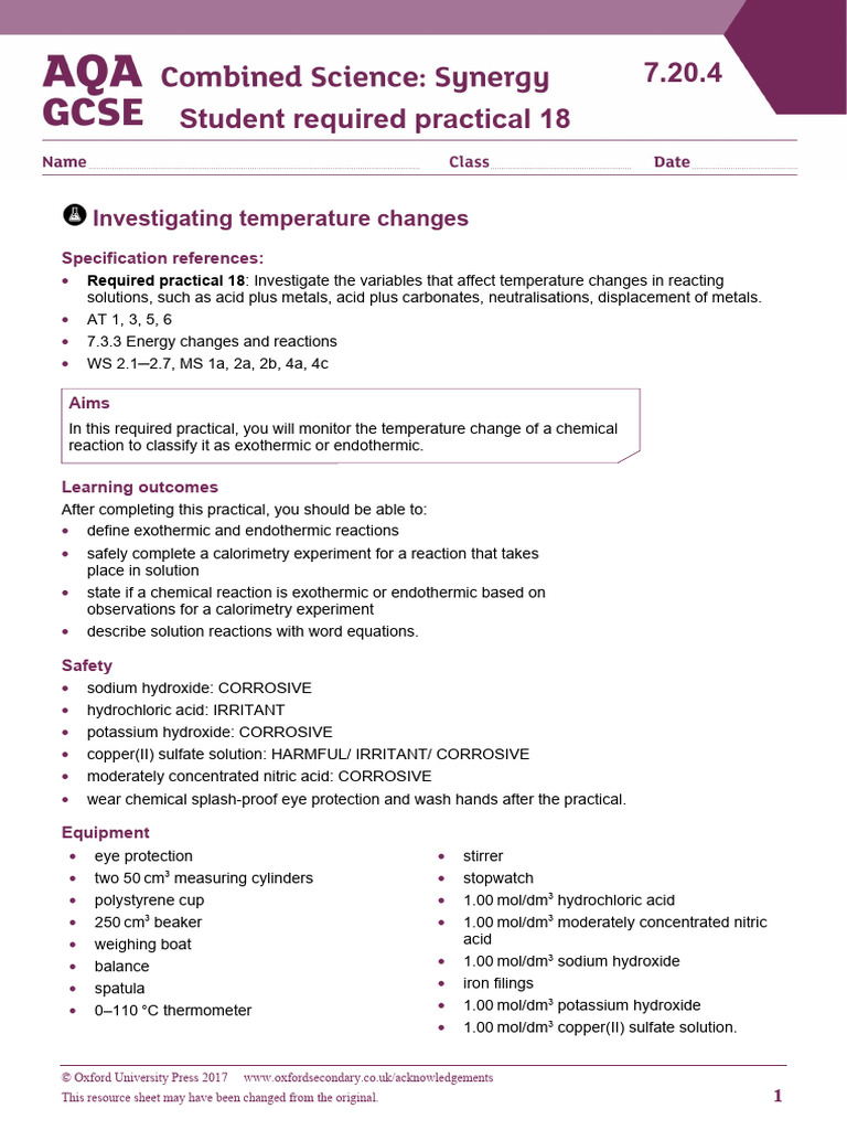 Investigating Temperature Changes - Practical | PDF | Chemical ...