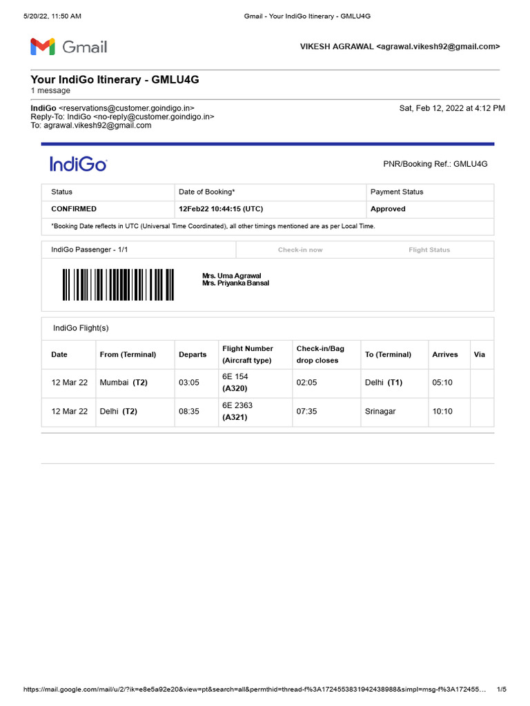 Your IndiGo Ticket - Uma & Priyanka | PDF | Airport | Aviation