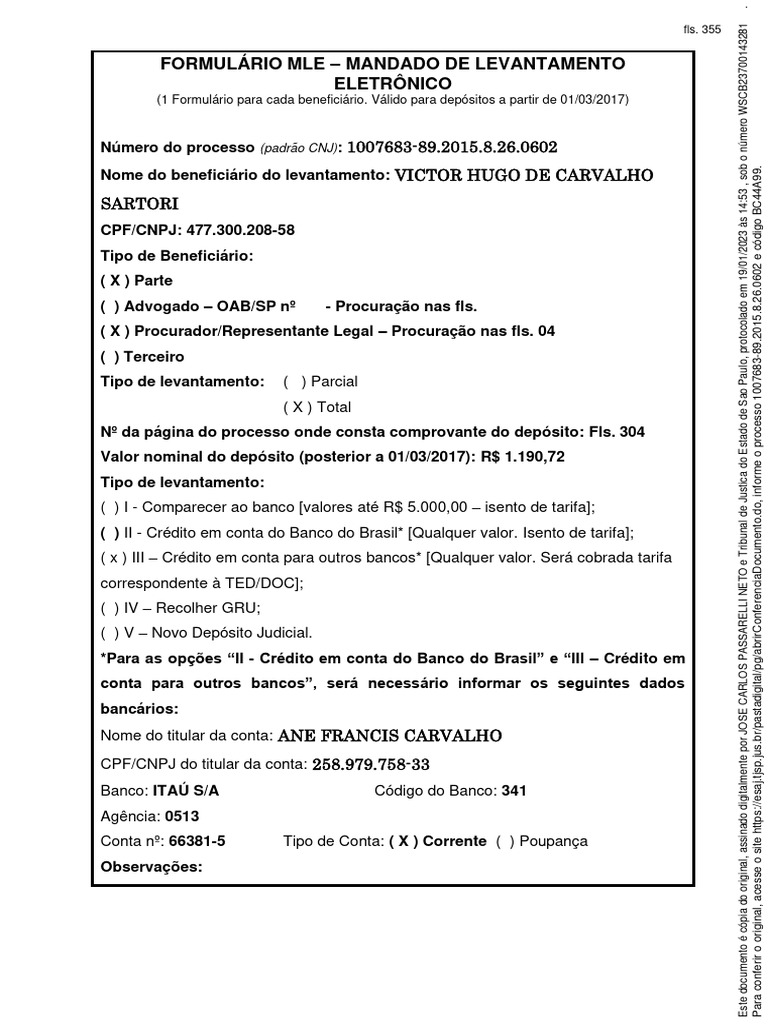 Mandado Eletrônico de Levantamento Judicial | PDF | Governo | Direito ...