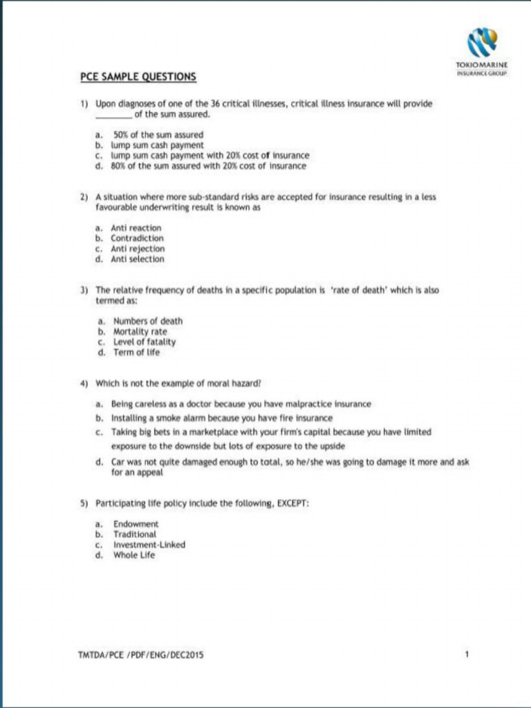 TokioMarine PCEIA Sample Question Sets | PDF | Insurance | Life Insurance