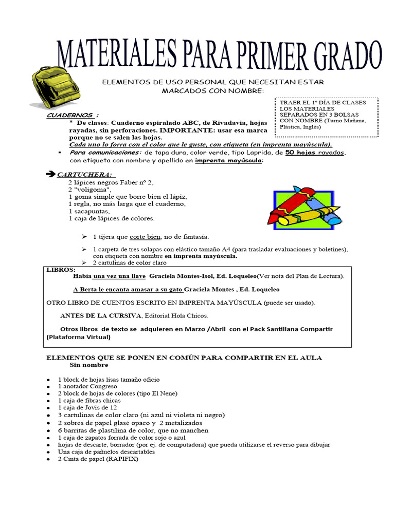 Materiales y Requisitos para Primer Grado | PDF | Lápiz | Escritura