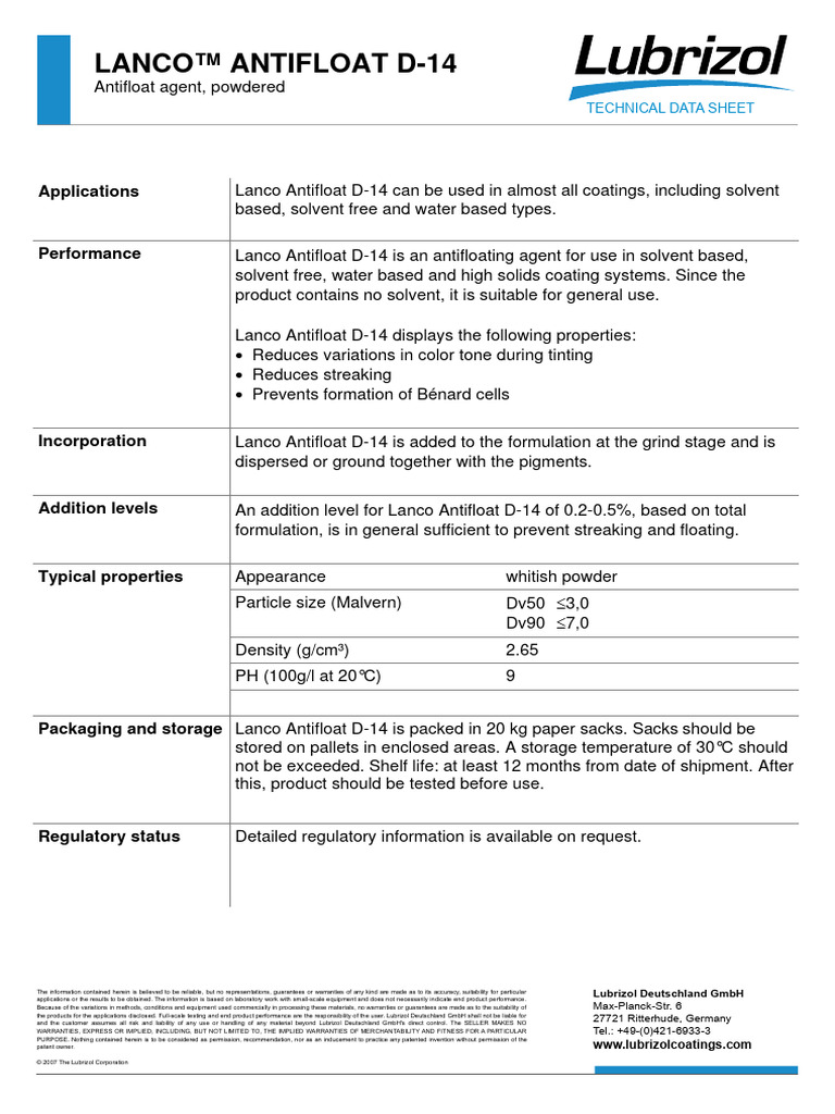 Lanco Antifloat D-14, TDS | Download Free PDF | Legal Liability | Solvent