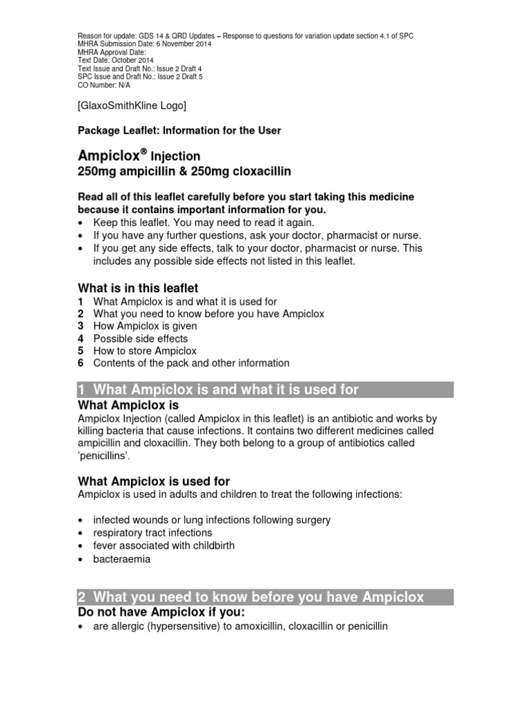 Ampiclox: Injection 250mg Ampicillin & 250mg Cloxacillin | PDF | Dose ...