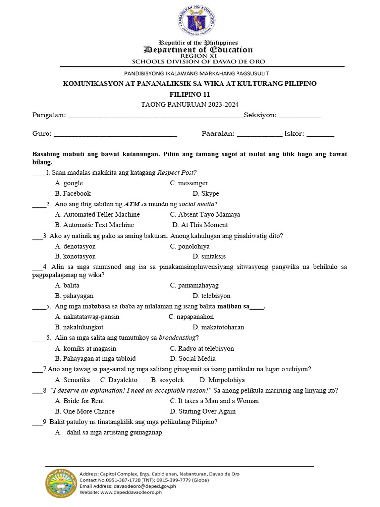 Final Exam FILIPINO-11 | PDF