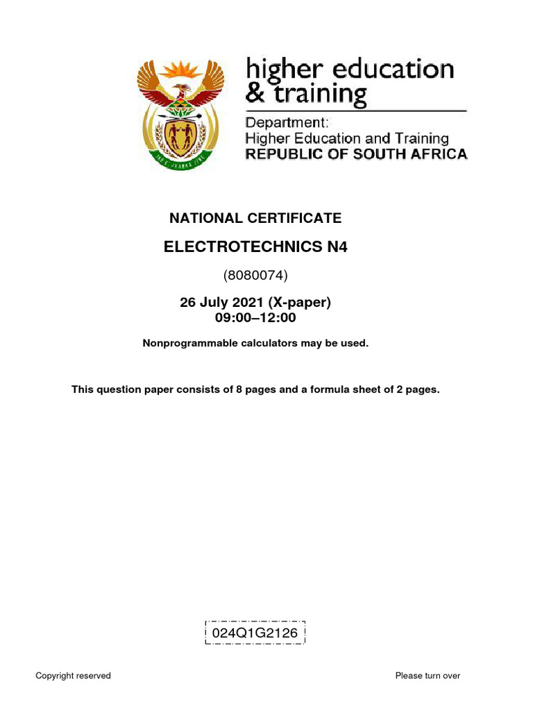 N4 Electrotechnics August 2021 | PDF | Electric Motor | Transformer