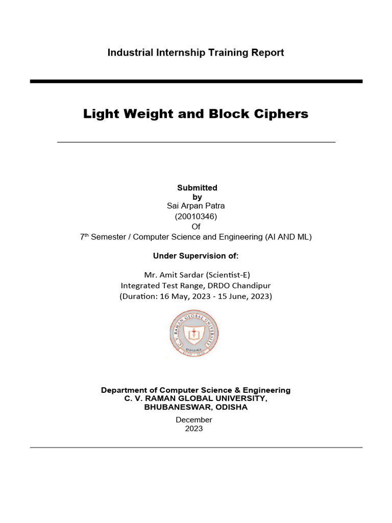 Sai Arpan Patra - Internship Report | PDF | Cryptography | Cipher