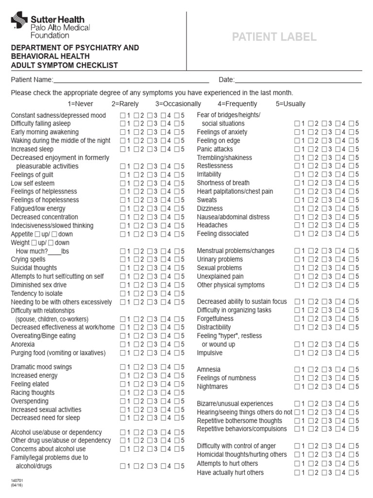PAMF Psych Adult Symptom Checklist | PDF | Anxiety | Substance Abuse
