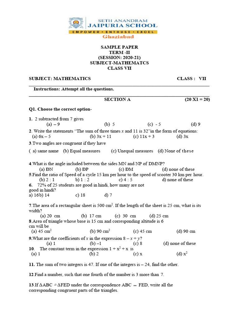 SAMPLE PAPER - Maths-VII-TERM-II-20-21 | PDF | Area | Length