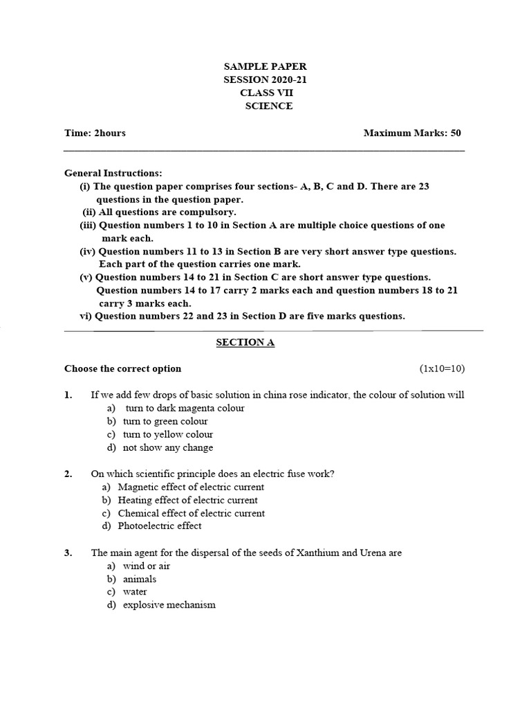 Sample Paper - Science-Vii-Term-Ii-20-21 | PDF | Flowers | Pollination