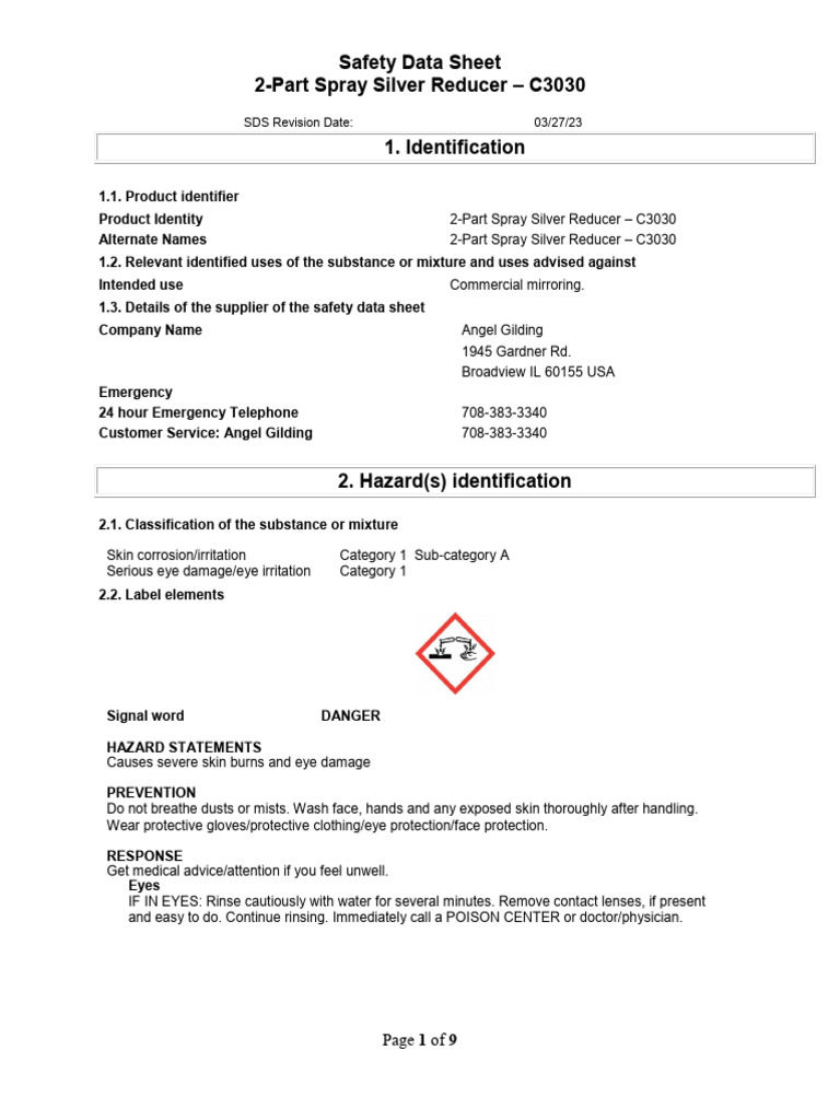2-Part Spray Silver Reducer SDS-C3030 | PDF | Toxicity | Personal Protective Equipment