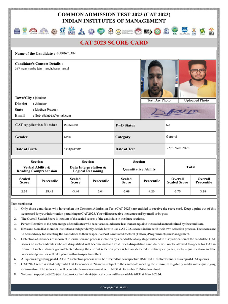 Cat 2023 Score Card: Common Admission Test 2023 (Cat 2023) Indian ...