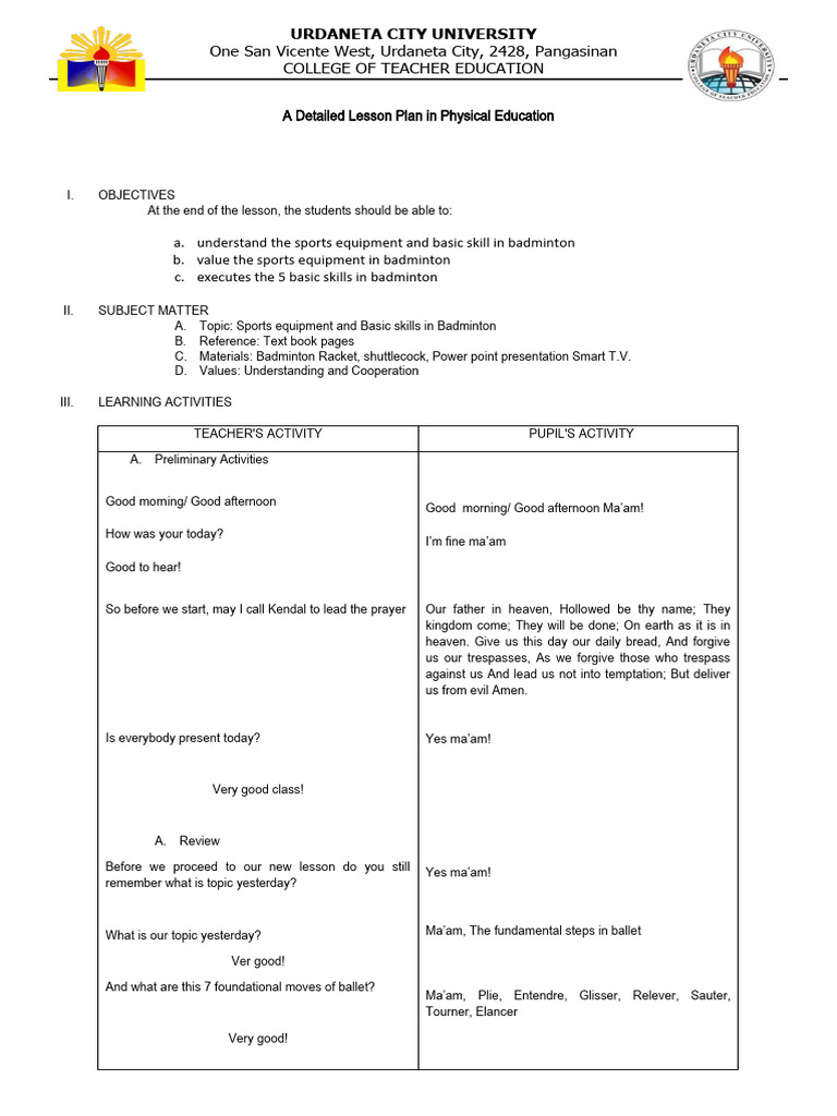 A Detailed Lesson Plan in Physical Education Badminton | PDF