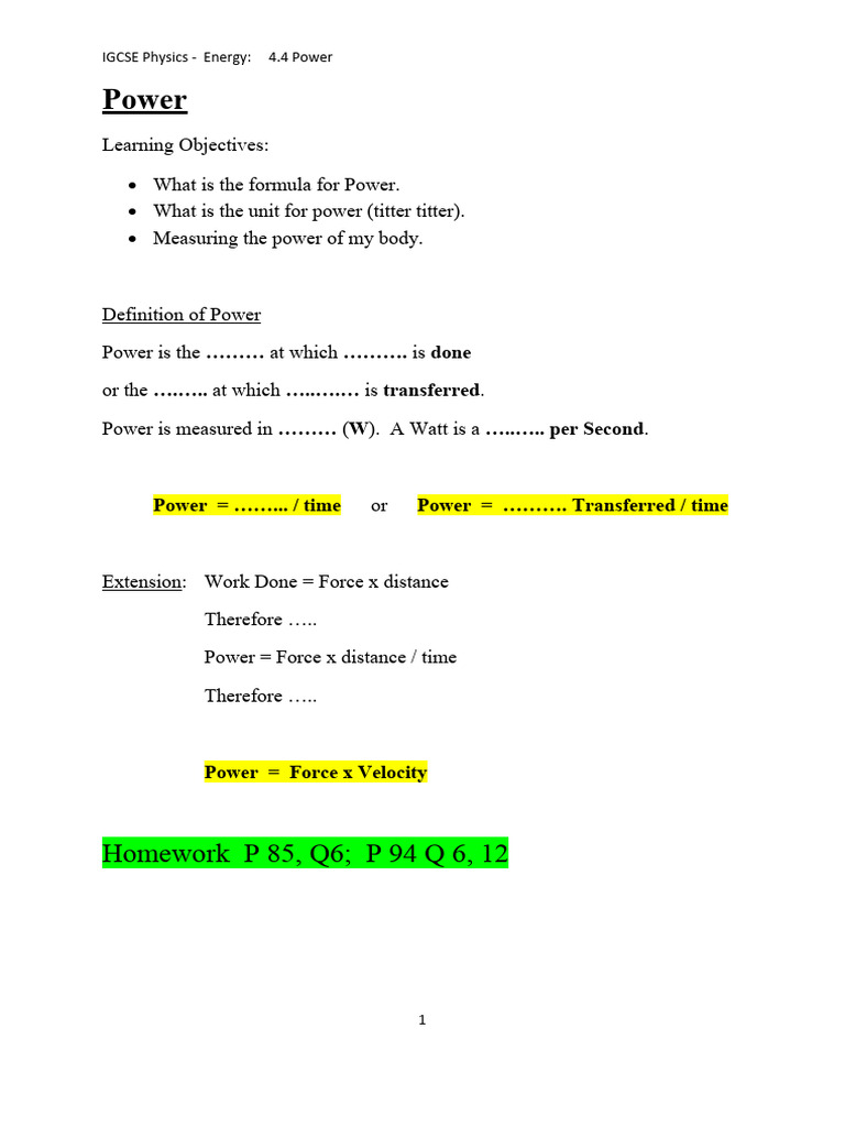 4.4 Power - Notes | PDF | Force | Stairs