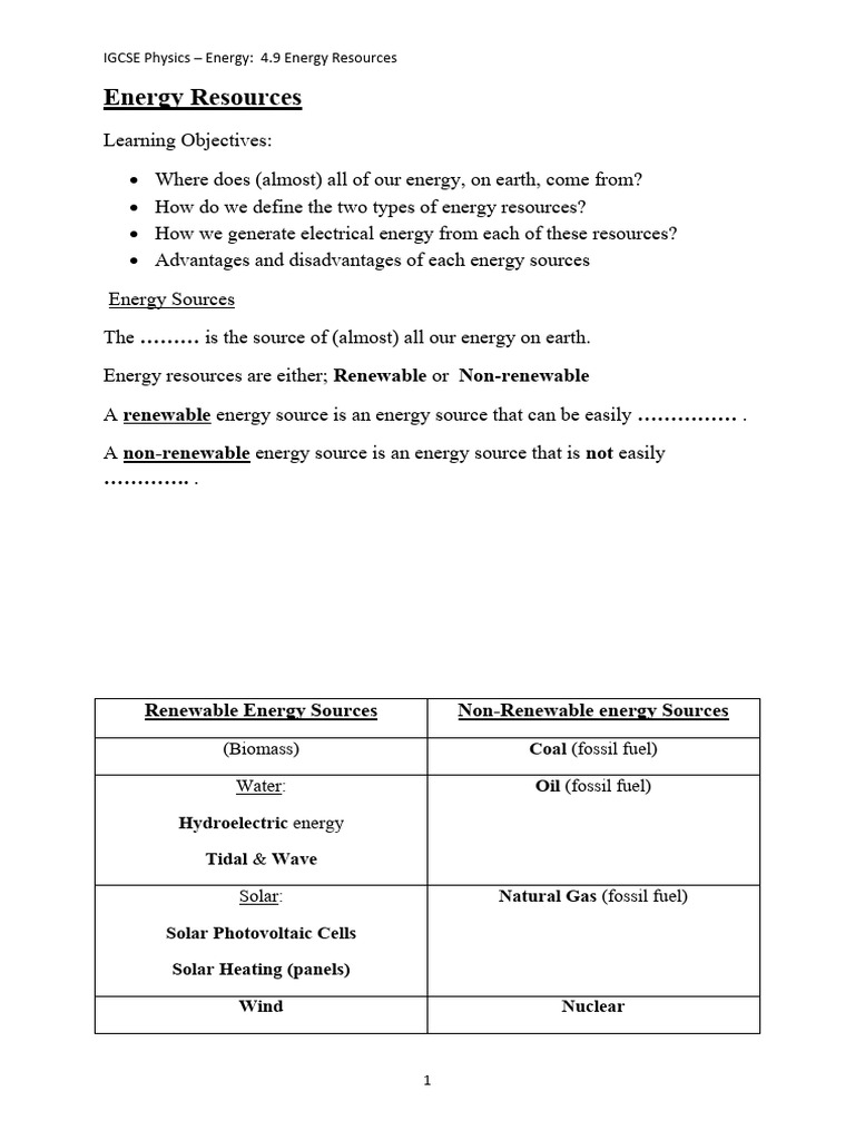 IGCSE Physics: Energy Resources Overview | PDF | Energy Development ...