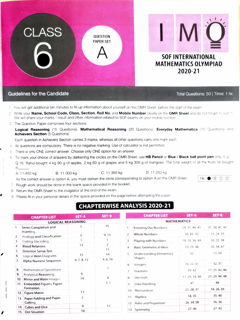 Class 6 Level 1 Imo 2020 Set A | PDF