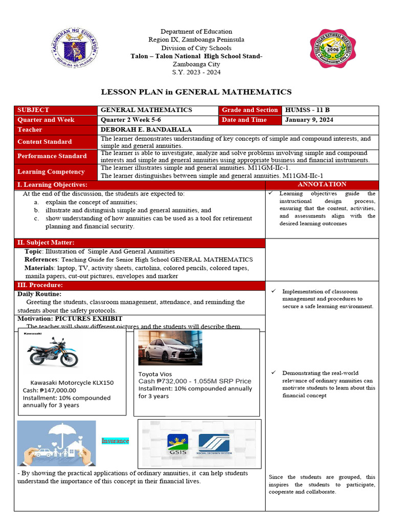 General Mathematics Lesson Plan: Annuities | PDF | Learning | Lesson Plan