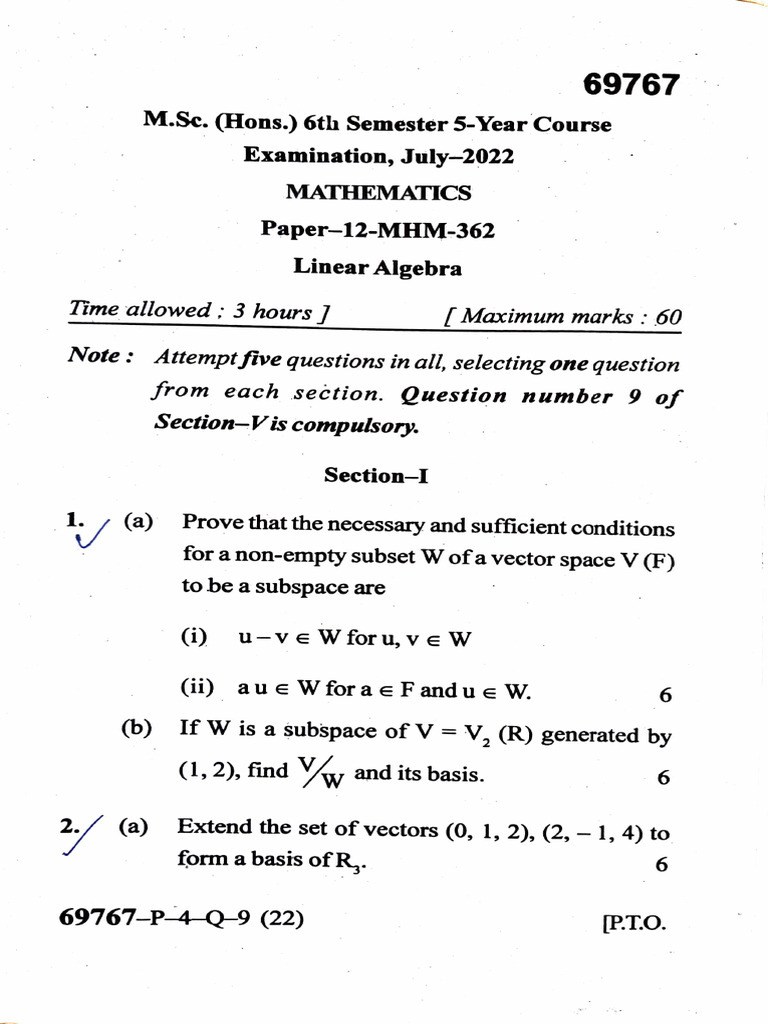 5 Year Int Linear Algebra 2022 | PDF | Linear Map | Basis (Linear Algebra)