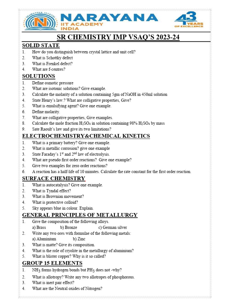 SR Chemistry Imp Vsaq 2023-24-1 | PDF | Chlorine | Chemistry