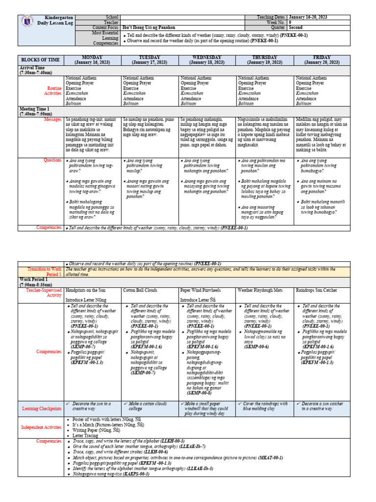 Kindergarten Weather Lessons Plan | PDF