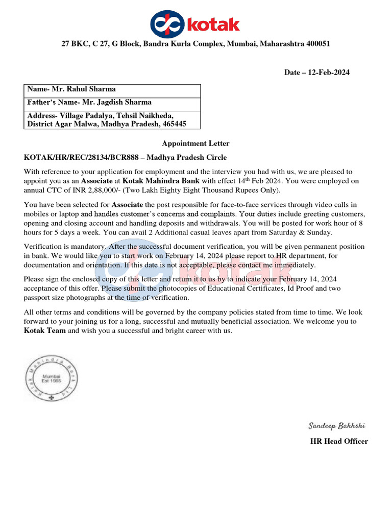 Kotak Appointment Letter - Rahul | PDF