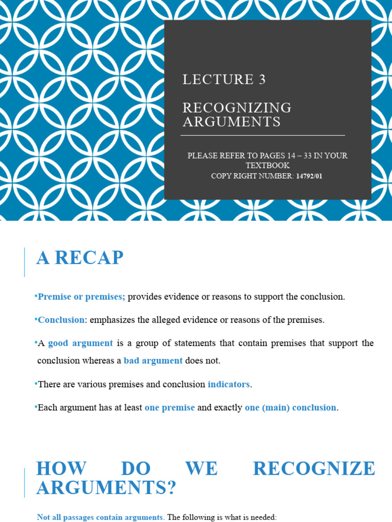 Lecture 3 Recognizing Arguments | PDF | Argument | Inference