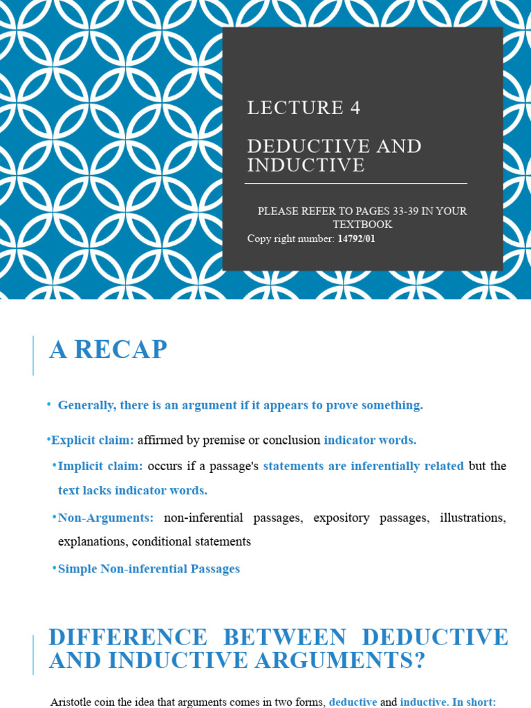 Lecture 4 Deducticve And Inductive Arguments Pdf Argument Deductive Reasoning