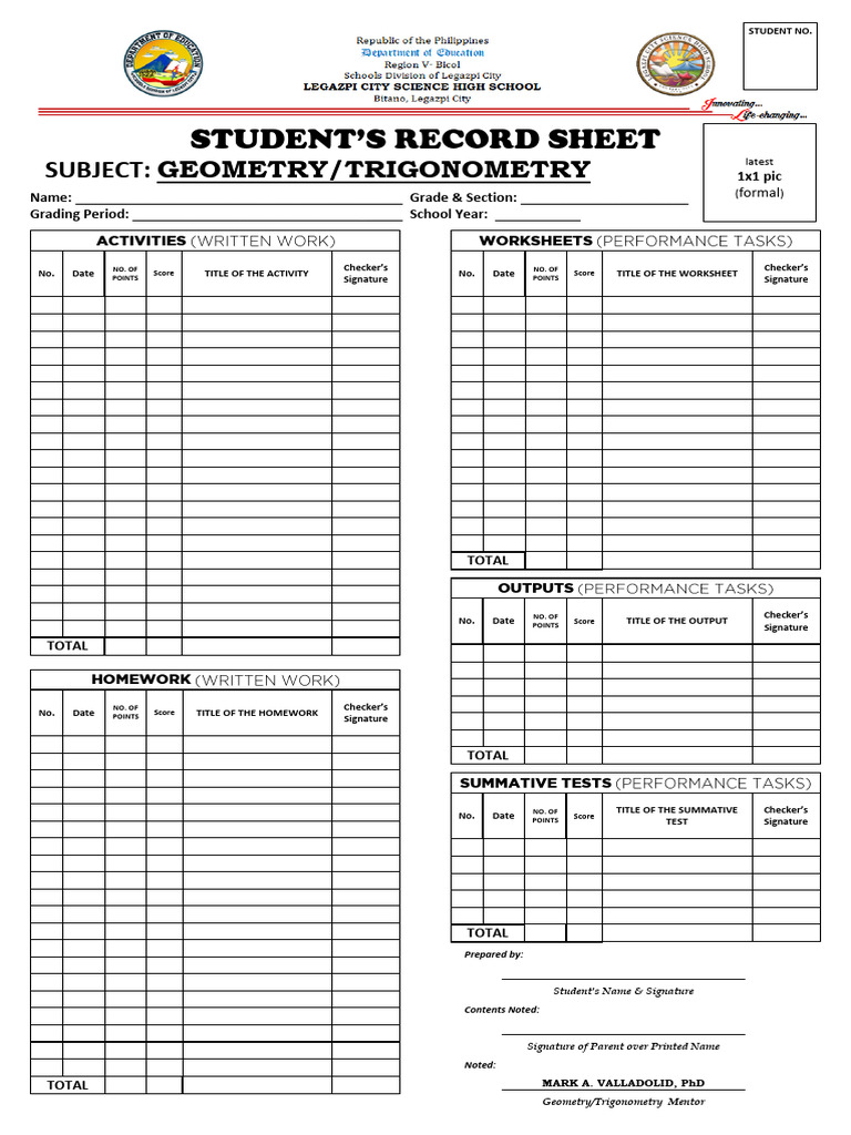 Blank Record Sheet Geometry Trigonometry | PDF