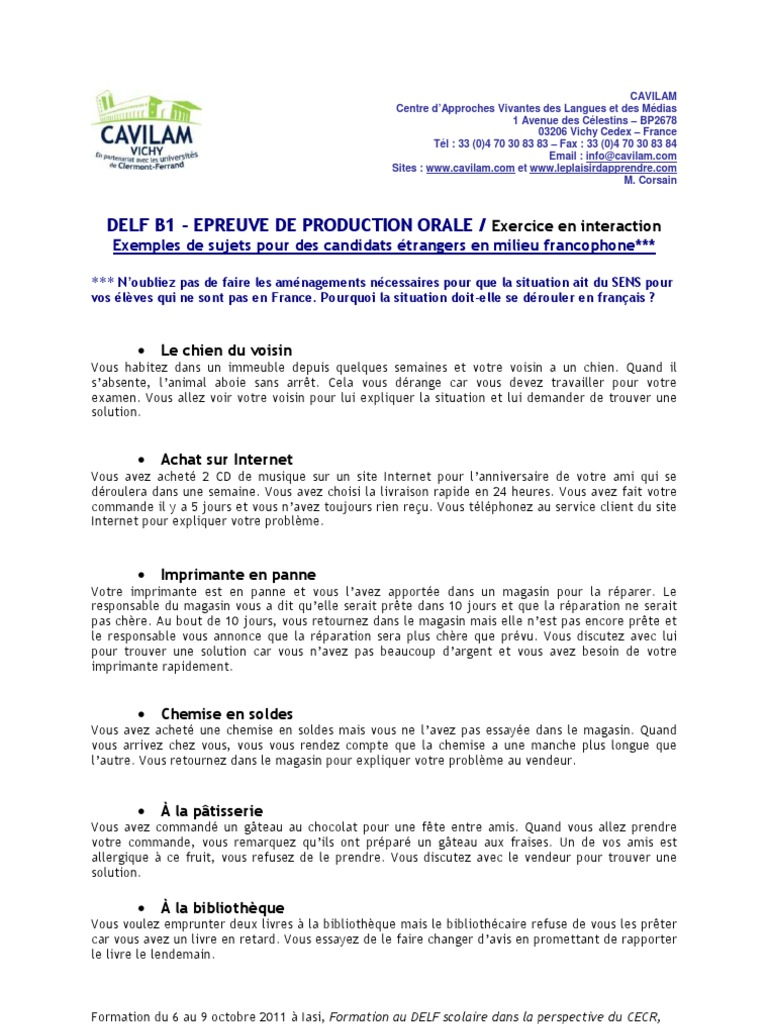 Sujets de production orale DELF B1 | PDF